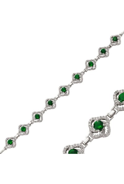 925 Gümüş Çiçek Yeşil Taş Detay 925 Ayar Gümüş Bileklik