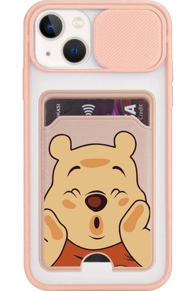 Shoptocase Apple iPhone 13 Winnie The Pooh Tasarımlı Sürgülü Kamera ve Kartlıklı Telefon Kılıfı
