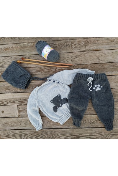 Fado Handmade Gri Ayıcık Desenli Örgü Kazak Pantalon Takım - Bere Hediyeli