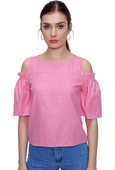 Butikburuc Kadın Şeker Pembe Omuz Açık Lastikli Bluz