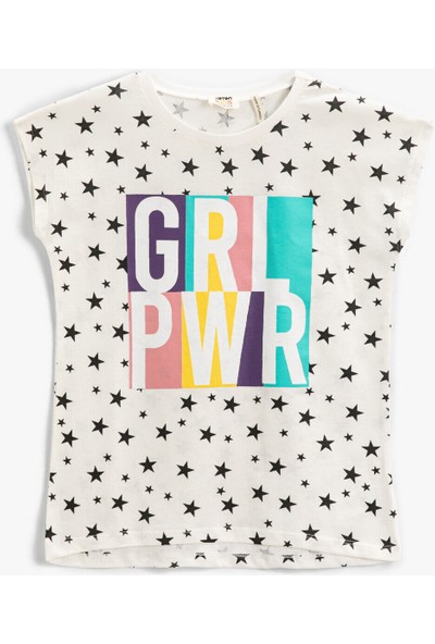 Koton Kız Çocuk Yıldız Baskılı Kısa Kollu Tişört Pamuklu Sloganlı