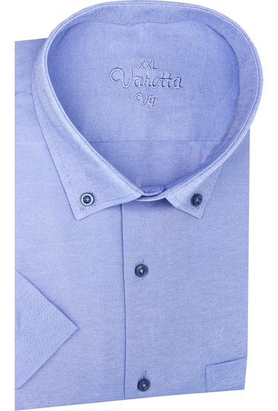 Varetta Erkek Mavi Kısa Kollu Büyük Beden Pamuk Saten Yaka Düğmeli Erkek Gömlek