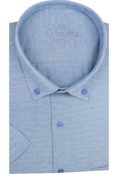 Varetta Erkek Karolina Mavisi Kısa Kollu Büyük Beden Pamuk Saten Yaka Düğmeli Erkek Gömlek