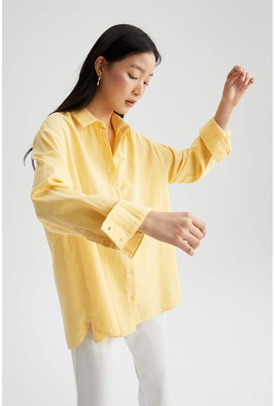 DeFacto Oversize Fit Gömlek Yaka Patlı Keten Uzun Kollu Gömlek V2521AZ22SM DeFacto Oversize Fit Gömlek Yaka Patlı Keten Uzun Kollu Gömlek V2521AZ22SM