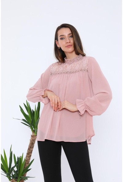 Asur Kadın Pudra Renk Dantel Detaylı Astarlı Bluz Asur Kadın Pudra Renk Dantel Detaylı Astarlı Bluz