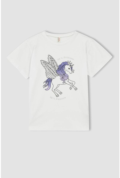 DeFacto Kız Çocuk Regular Fit Bisiklet Yaka Baskılı Kısa Kollu Pamuklu Tişört X0413A622SM