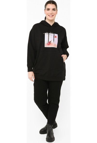 Büyük Beden Kapüşonlu Baskı Detaylı Tunik Alia