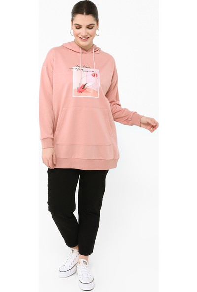 Büyük Beden Kapüşonlu Baskı Detaylı Tunik Pudra Alia