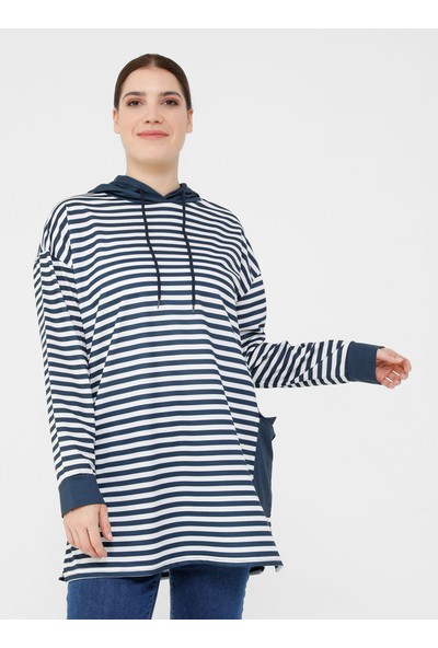 Büyük Beden Kapüşonlu Çizgi Desenli Tunik Beyaz Alia