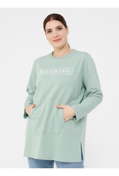 Büyük Beden Pamuk Kumaşlı Kanguru Cepli Tunik Su Alia