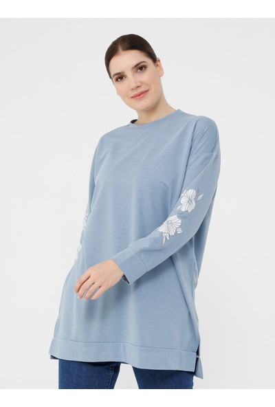 Büyük Beden Doğal Kumaşlı Kolları Nakışlı Tunik Indigo Bej Alia Büyük Beden Doğal Kumaşlı Kolları Nakışlı Tunik Indigo Bej Alia