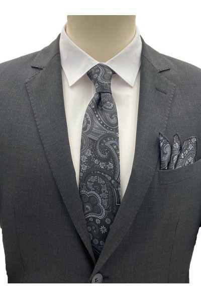 Brianze Gri Şal Desen Kravat Mendil Set Brianze Gri Şal Desen Kravat Mendil Set