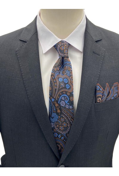 Brianze Kahverengi Şal Desen Kravat Mendil Set