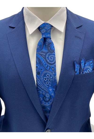 Brianze Mavi Şal Desen Kravat Mendil Set Brianze Mavi Şal Desen Kravat Mendil Set
