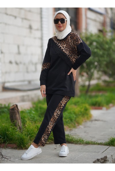 Por La Cara Leopar Desenli Püsküllü Ikili Takım - Siyah - Por La Cara