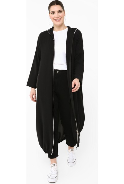 Alia Büyük Beden Kapüşonlu Biye Detaylı Kap - Siyah Ekru - Alia