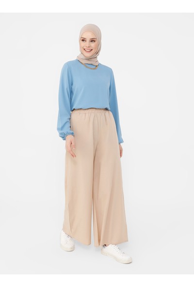 Refka Geniş Paça Beli Lastikli Pamuklu Pantolon - Bej - Refka Casual