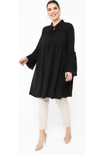 Alia Büyük Beden Yakası Bağlamalı Geniş Kalıp Tunik - Siyah - Alia