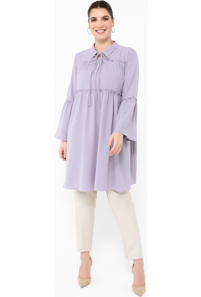 Alia Büyük Beden Yakası Bağlamalı Geniş Kalıp Tunik - Lila - Alia