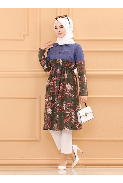 Tofisa Çiçek Desenli Düğmeli Tunik - Koyu Haki - Tofisa