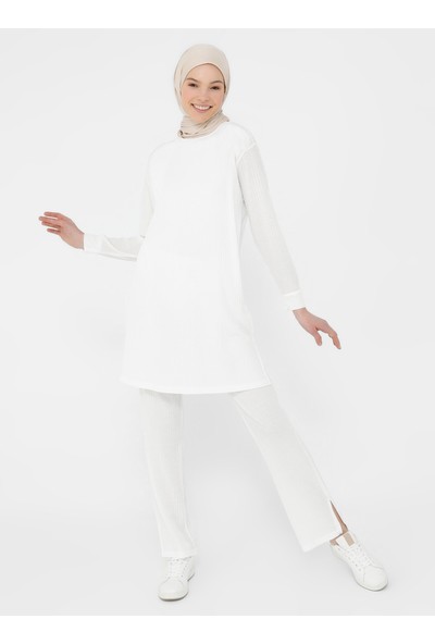 Refka Pamuk Kumaşlı Paçası Yırtmaçlı Kaşkorse Pantolon - Off White - Refka Basic Refka Pamuk Kumaşlı Paçası Yırtmaçlı Kaşkorse Pantolon - Off White - Refka Basic