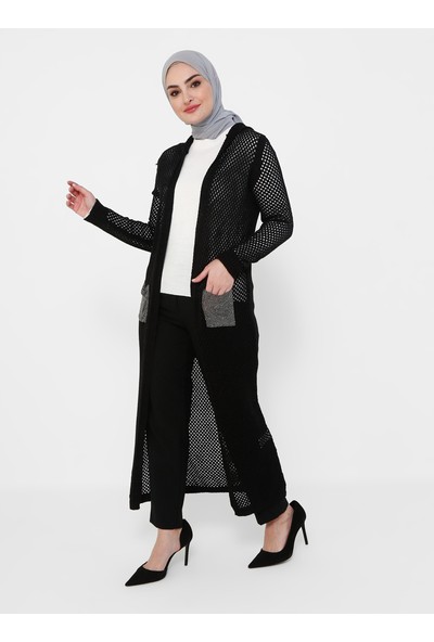 Tavin Kapüşonlu Cep Detaylı Triko Hırka - Siyah - Tavin Tavin Kapüşonlu Cep Detaylı Triko Hırka - Siyah - Tavin