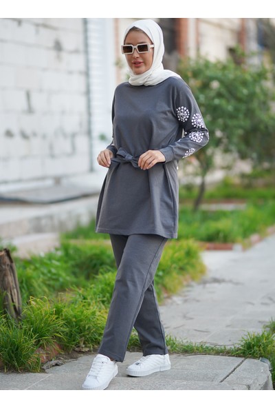 Por La Cara Kolu Çiçek Baskılı Kuşaklı Ikili Takım - Füme - Por La Cara