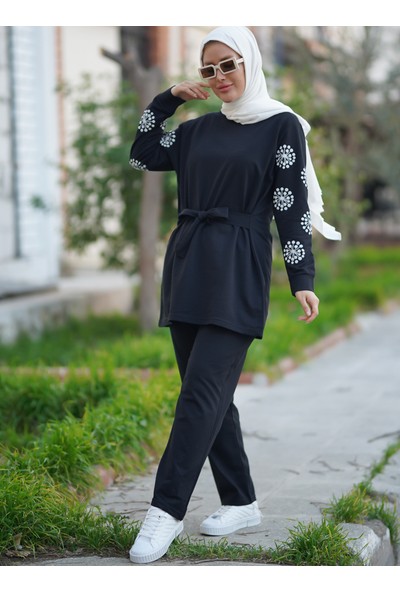 Por La Cara Kolu Çiçek Baskılı Kuşaklı Ikili Takım - Siyah - Por La Cara