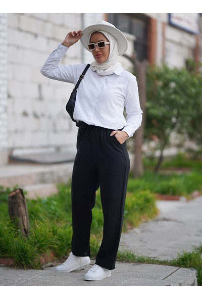 Por La Cara Beli Bağcıklı Cepli Salaş Pantolon - Siyah - Por La Cara Por La Cara Beli Bağcıklı Cepli Salaş Pantolon - Siyah - Por La Cara