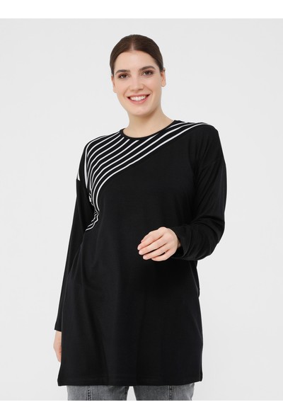 Alia Büyük Beden Doğal Kumaşlı Çizgili Tunik - Siyah - Alia Alia Büyük Beden Doğal Kumaşlı Çizgili Tunik - Siyah - Alia