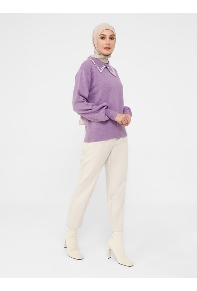 Refka Yakası Inci ve Boncuk Detaylı Triko Kazak - Lila - Refka Woman