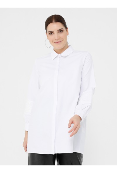 Alia Büyük Beden Kolları Payet Detaylı Tunik - Beyaz - Alia