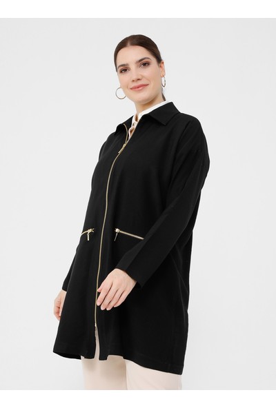 Alia Büyük Beden Boydan Fermuarlı Cep Detaylı Kap - Siyah - Alia