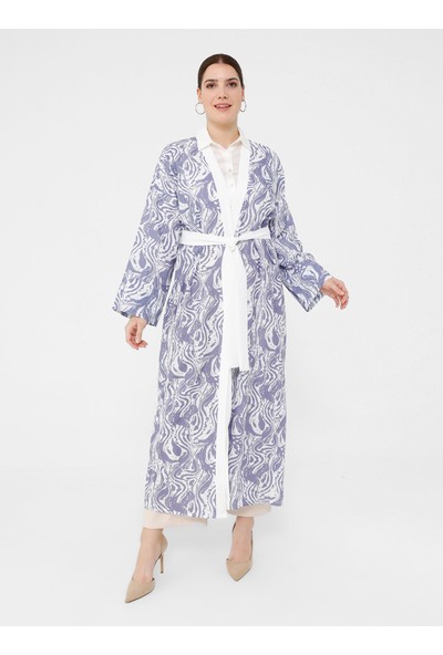 Alia Büyük Beden Doğal Kumaşlı Kuşak Detaylı Desenli Kap - Lila Ekru - Alia Alia Büyük Beden Doğal Kumaşlı Kuşak Detaylı Desenli Kap - Lila Ekru - Alia