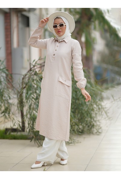 Por La Cara Göğüs Düğmeli Cepli Çan Uzun Tunik - Taş - Por La Cara