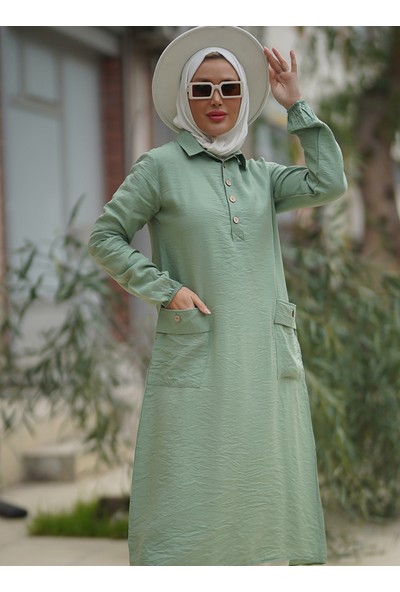 Por La Cara Göğüs Düğmeli Cepli Çan Uzun Tunik - Cağla - Por La Cara