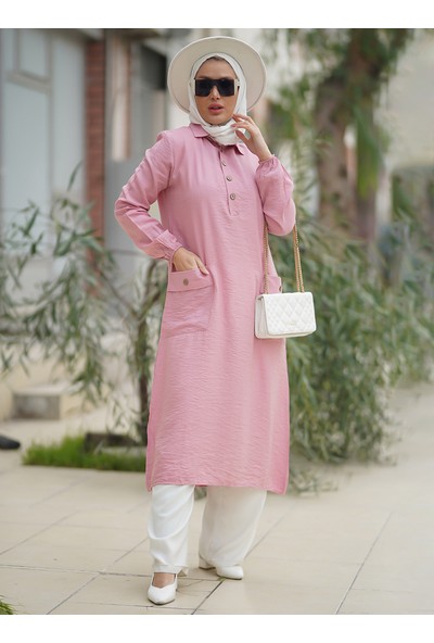 Por La Cara Göğüs Düğmeli Cepli Çan Uzun Tunik - Derin Pembe - Por La Cara