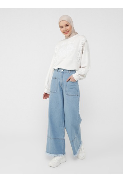 Benin Paçası Püskül Detaylı Bol Paça Denim Pantolon - Buz Mavisi - Benin