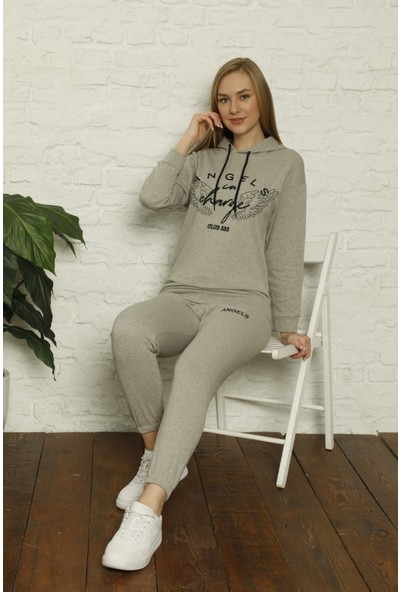 Moda Kargül Kadın Kapüşonlu Angel Baskılı Uzun Kollu Eşofman Takımı -Gri Moda Kargül Kadın Kapüşonlu Angel Baskılı Uzun Kollu Eşofman Takımı -Gri