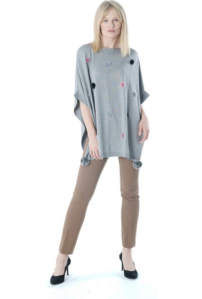 On Fashion Önü Ponponlu Kışlık Salaş Kesim Panço