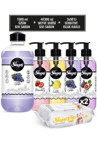 Sleepy Üzüm Sıvı Sabun 1500 ml & Meyve Serisi Sıvı Sabun Seti+ Sensitive Islak Havlu 2 x 90 Sleepy Üzüm Sıvı Sabun 1500 ml & Meyve Serisi Sıvı Sabun Seti+ Sensitive Islak Havlu 2 x 90