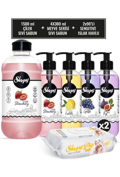 Sleepy Çilek Sıvı Sabun 1500 ml & Meyve Serisi Sıvı Sabun Seti + Sensitive Islak Havlu 2 x 90 Sleepy Çilek Sıvı Sabun 1500 ml & Meyve Serisi Sıvı Sabun Seti + Sensitive Islak Havlu 2 x 90
