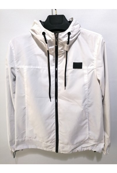Özkan Collection Kapüşonlu Fermuarlı Beyaz Yağmurluk