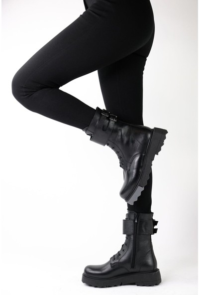 Der Collection Hakiki Deri Siyah Kürklü Kadın Deri Bot