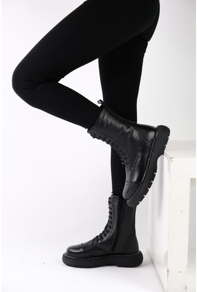 Der Collection Hakiki Deri Siyah Kürklü Kadın Deri Bot