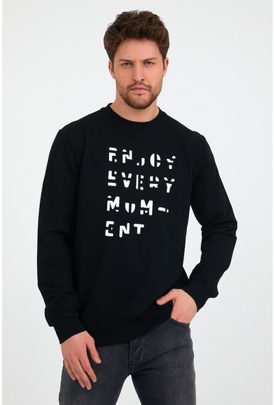 Siyah Bisiklet Yaka Baskılı Sweatshirt