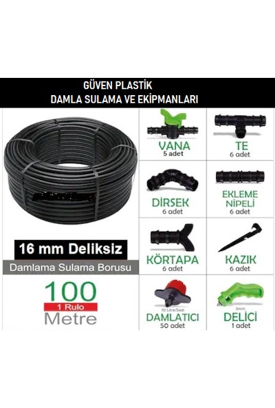 Güven Plastik Damlama Sulama Deliksiz Boru Sistemi Hazır Paket 100 Metre Güven Plastik Damlama Sulama Deliksiz Boru Sistemi Hazır Paket 100 Metre