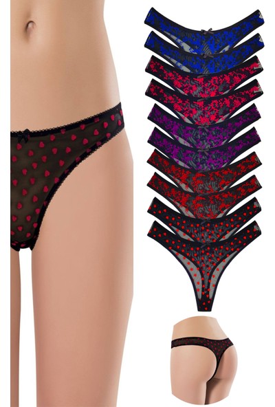 10 Adet Kadın Fantezi Kabartma Desenli Tül Tanga Külot