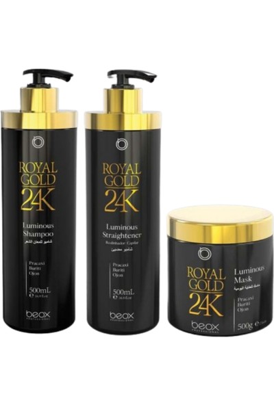 Beox 3'lü Set Beox 24K Royal Gold Formaldehıt Içermez Saç Düzleştirici + Saç Maskesi + Şampuan
