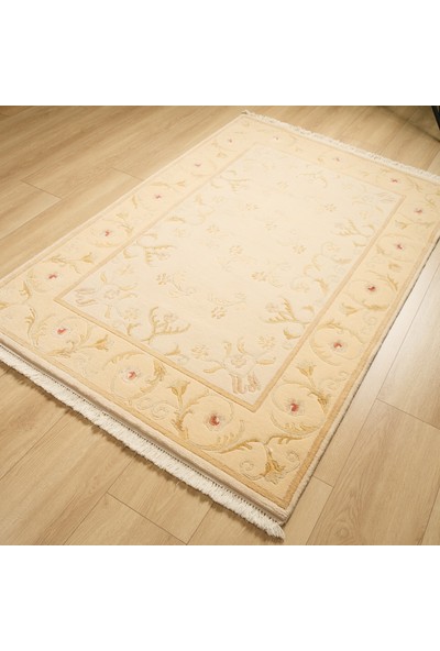 Halıcızade Krem Yeşil Klasik Tasarım Çerçeve Desenli Pamuk, Bambu, Yün El Dokuma Halı